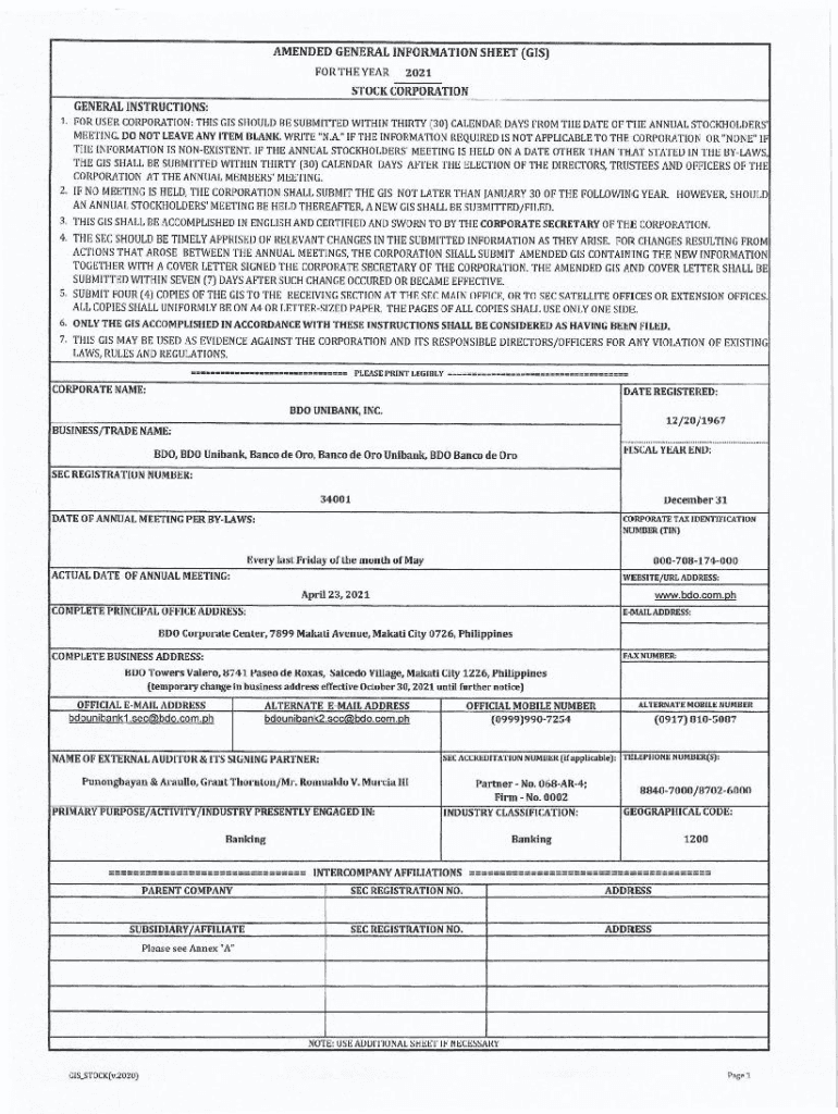 Fillable Online GENERAL INFORMATION SHEET (GIS) - CARD MBA, Inc. Fax ...
