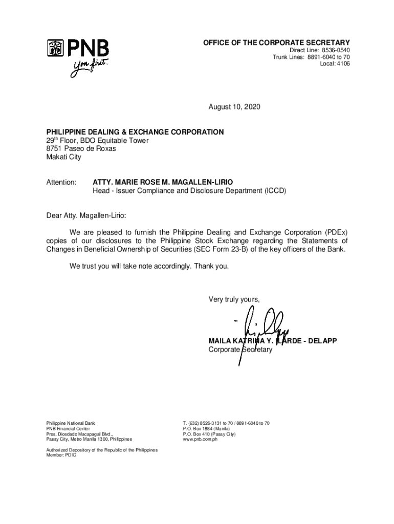 Fillable Online PDEX - SEC Forms 23-B of the Key Officers of PNB Fax ...