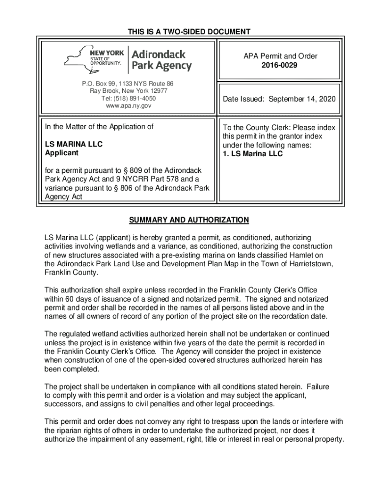 Fillable Online apa ny APA Permit and Order 2016-0029 - Adirondack Park ...