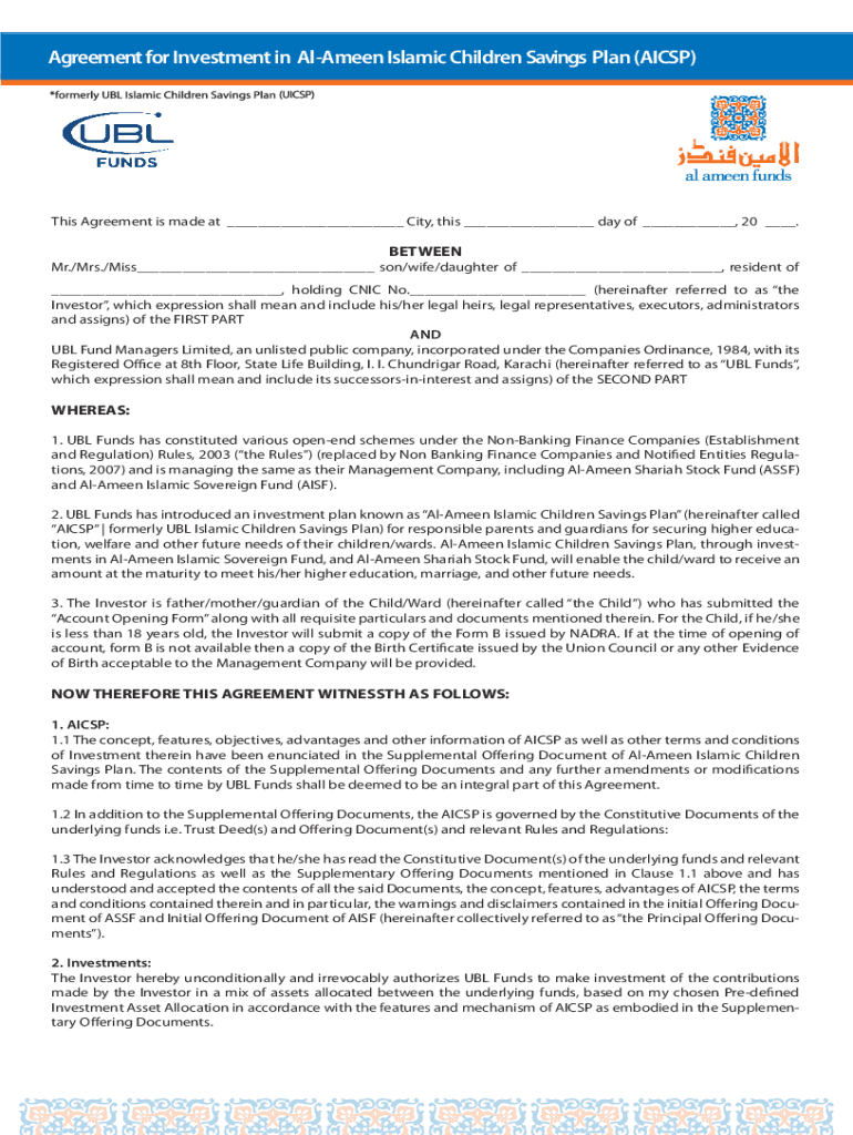 Fillable Online Agreement for Investment in Al-Ameen Islamic Children ...
