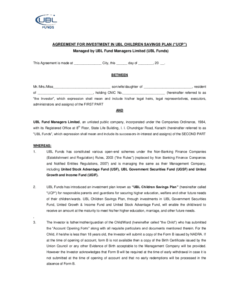 Fillable Online AGREEMENT FOR INVESTMENT IN UBL CHILDREN SAVINGS PLAN ...