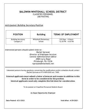 Fillable Online Building Secretary Position - Baldwin-Whitehall School ...