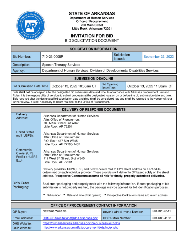 Fillable Online humanservices arkansas INVITATION FOR BID Bid Solicitation Document Fax Email ...