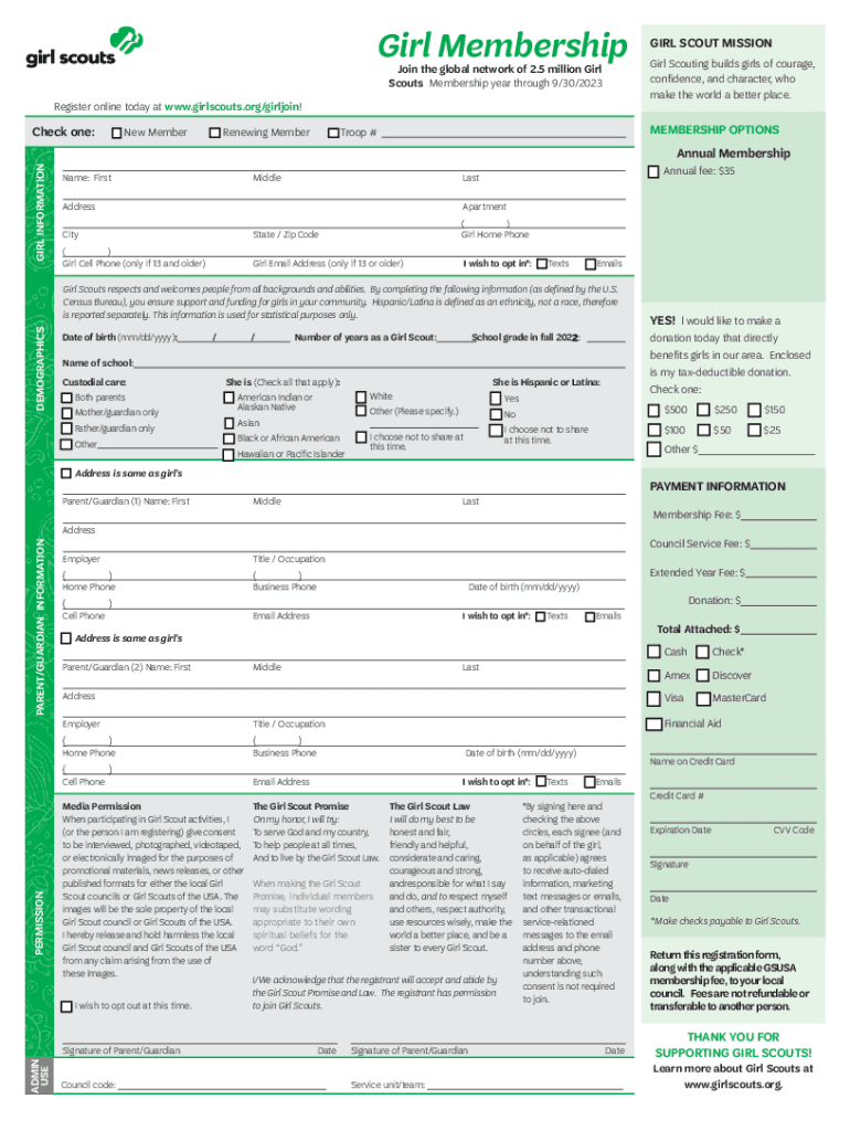Fillable Online Girl Membership form 2021. Paper registration form for ...