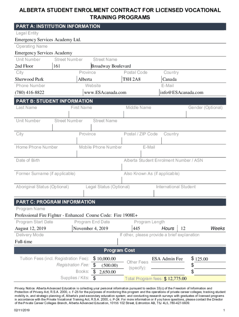 Fillable Online ALBERTA STUDENT ENROLMENT CONTRACT FOR LICENSED ... Fax Email Print - pdfFiller