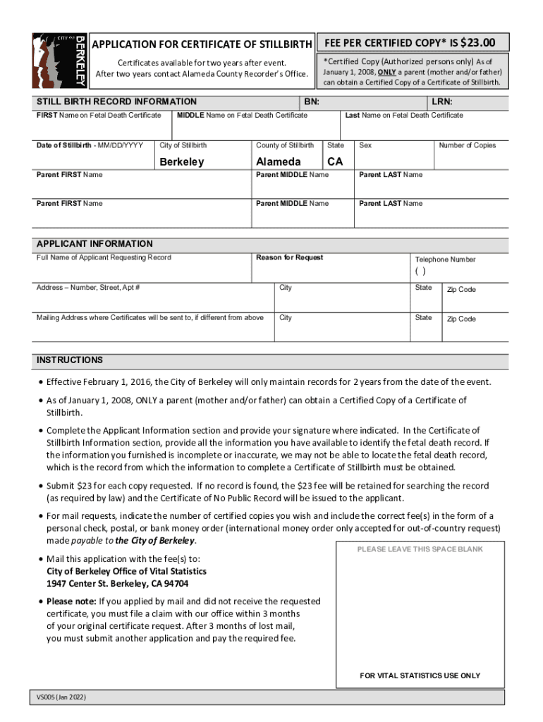 Fillable Online Application for Certified Copy of Certificate of Still ...