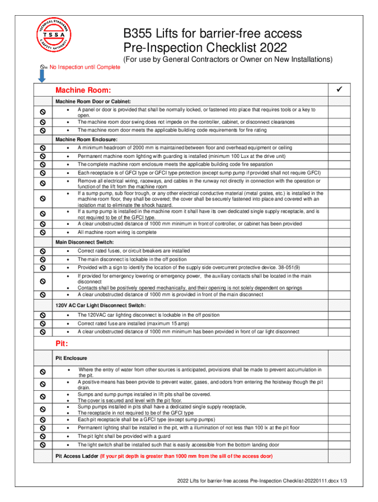 Fillable Online B355 Lifts for barrier-free access Pre-Inspection ...