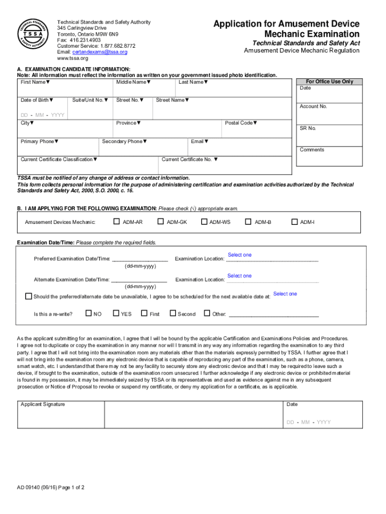 Fillable Online Application for Amusement Device Mechanic Examination ...