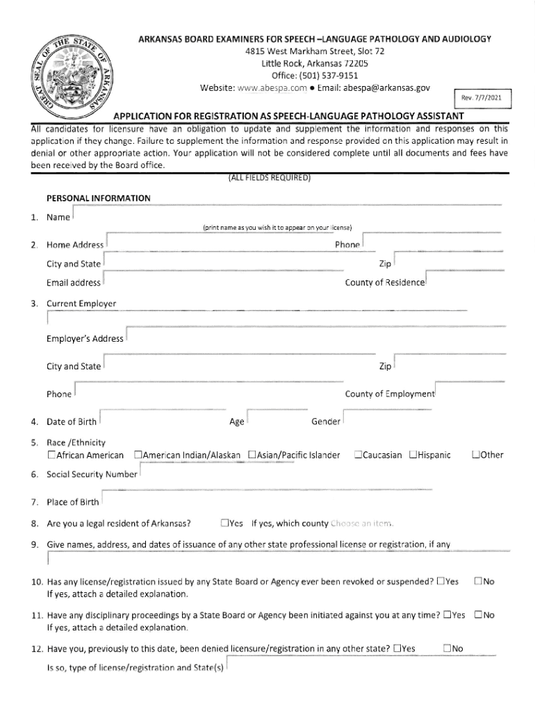 Fillable Online ARKANSAS BOARD EXAMINERS IOR SPEECH -LANGUAGE PATHOLOGY AND AUDIOLOGY Fax Email ...