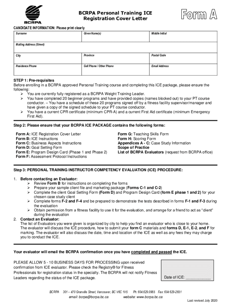 Fillable Online BCRPA Personal Training ICE Registration Cover Letter ...