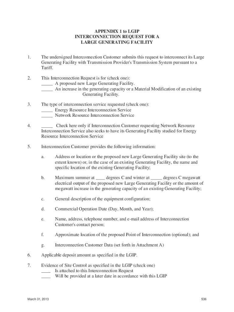 Fillable Online Interconnection Request for a Large Generating Facility Fax Email Print - pdfFiller