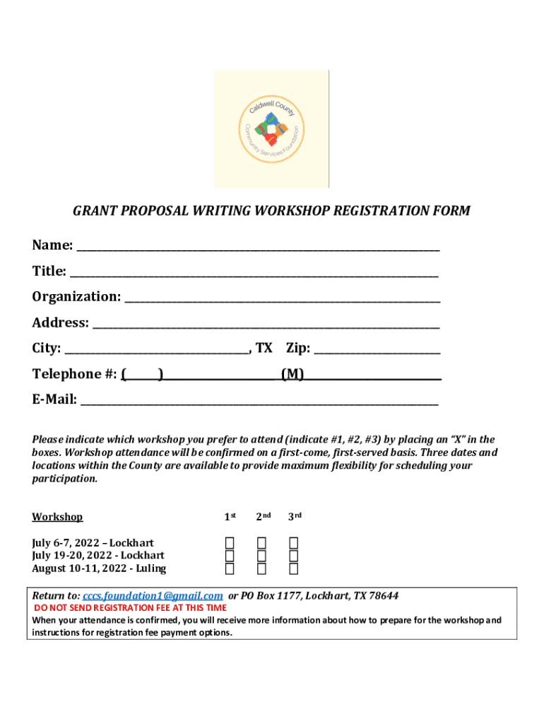 Fillable Online grant proposal writing workshop registration form Fax ...