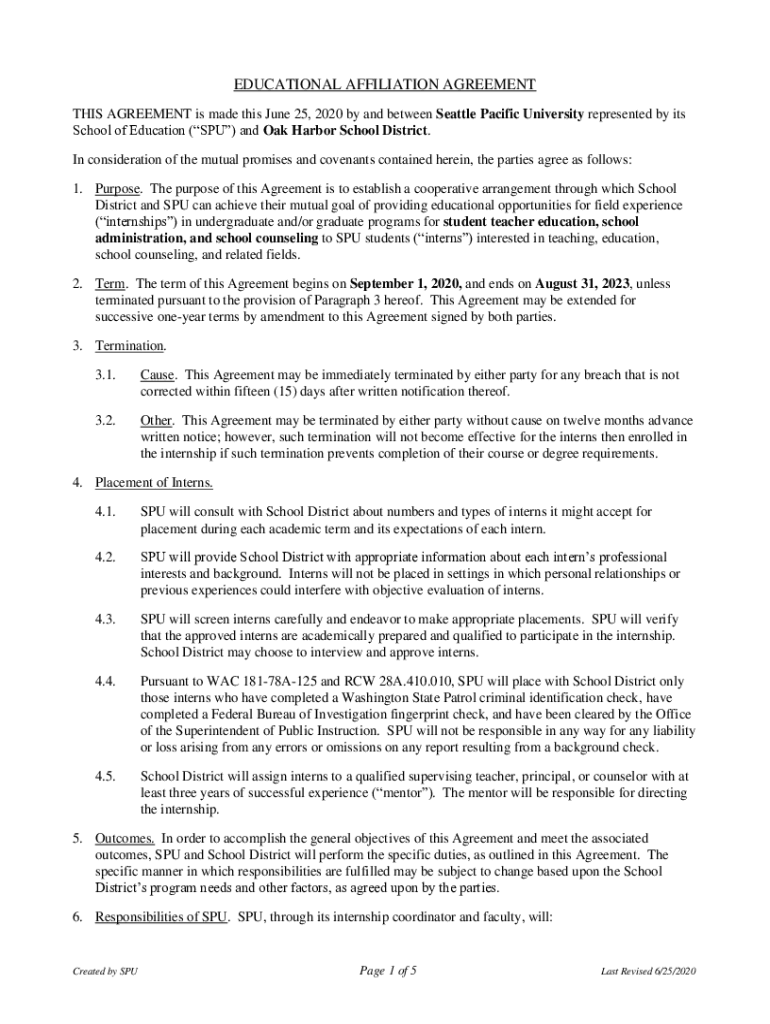 Fillable Online EDUCATIONAL AFFILIATION AGREEMENT - Oak Harbor Public ...