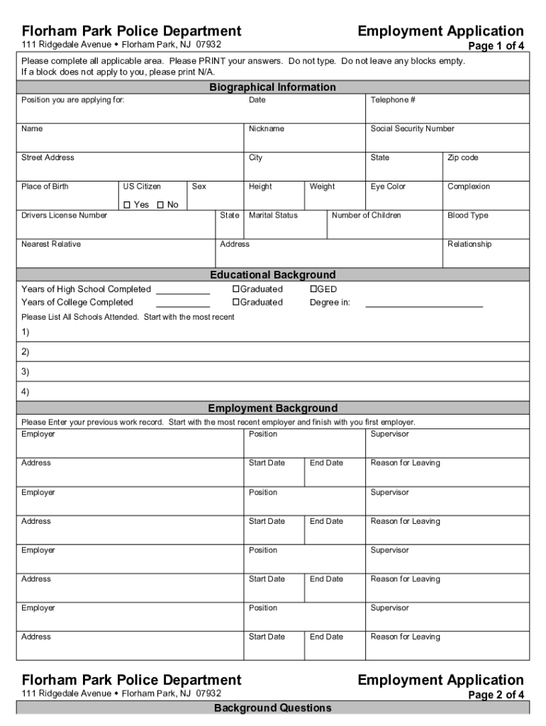 Fillable Online Florham Park Police Department Employment Application ...