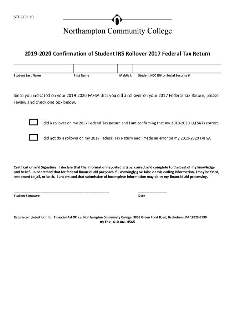 Fillable Online 2019-2020 Confirmation of Student IRS Rollover 2017 ...