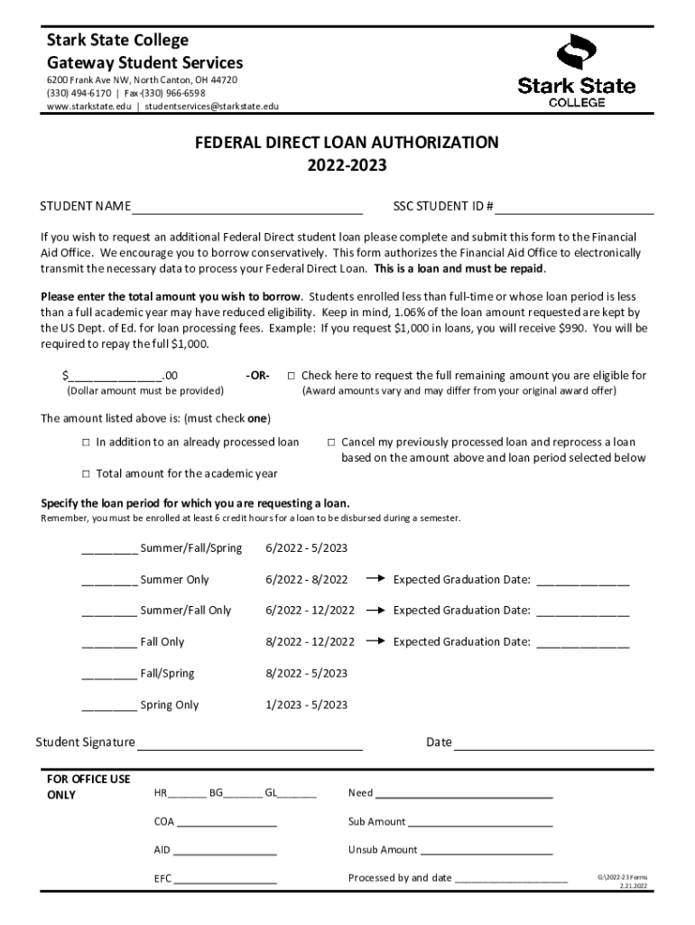 Fillable Online FEDERAL DIRECT LOAN AUTHORIZATION 2022-2023 Fax Email ...