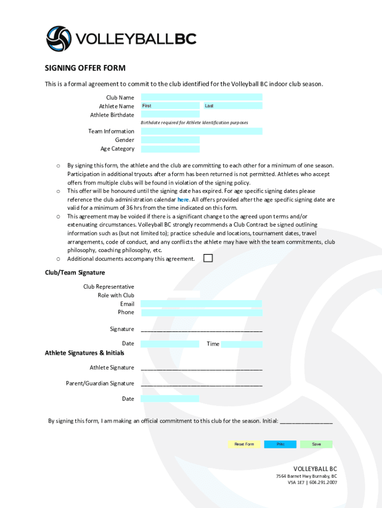 Fillable Online ATHLETE APPLICATION PERIOD OFFER FORM - Volleyball BC Fax Email Print - pdfFiller