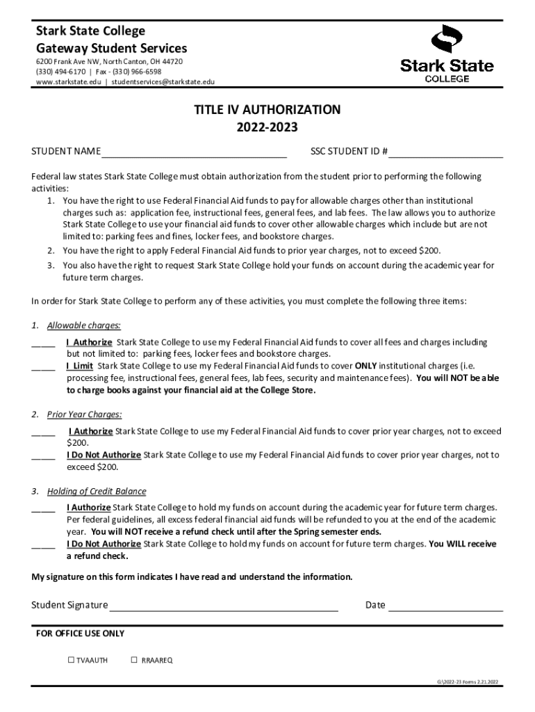 Fillable Online Title IV Authorization 2022-2023 - Stark State College Fax Email Print - pdfFiller