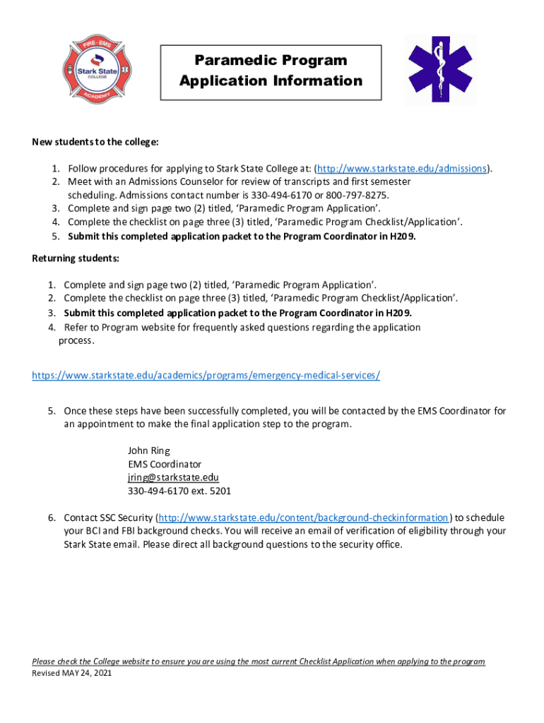 Fillable Online Paramedic Program Checklist/ApplicationStark State College Fax Email Print ...