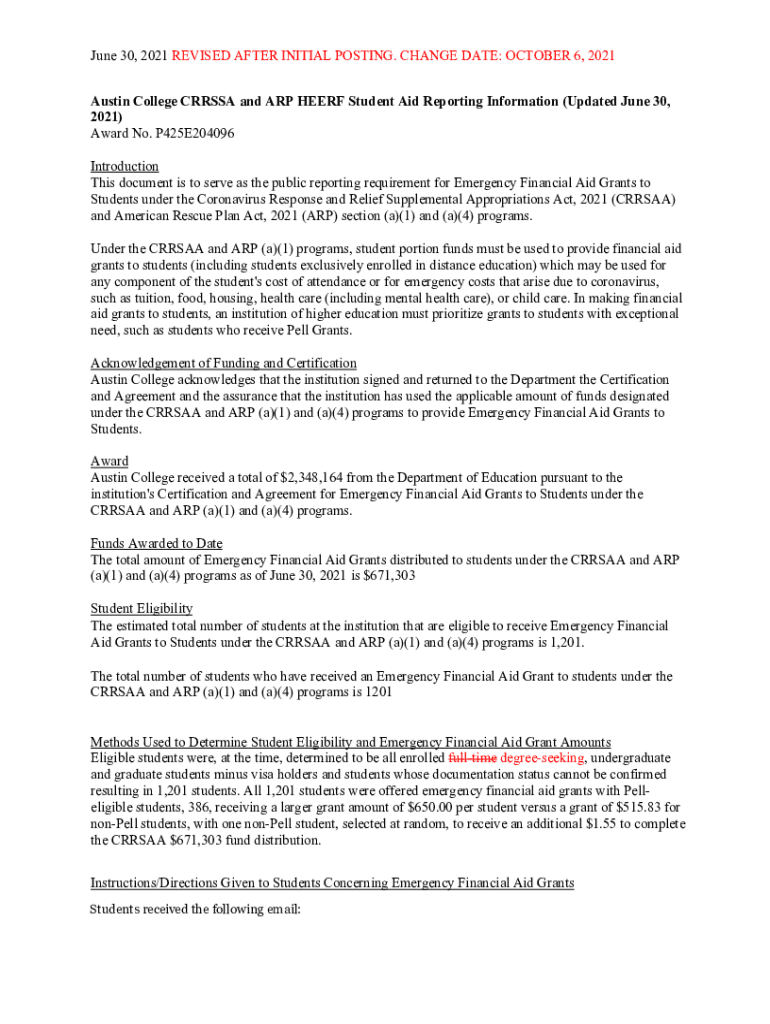 Fillable Online CRRSA Act Higher Education Emergency Relief Funds ...