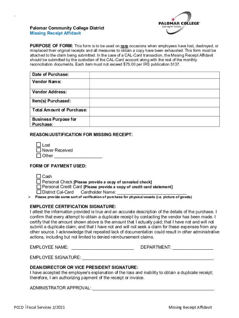Fillable Online Missing Receipt AffidavitFiscal Services - Palomar ...