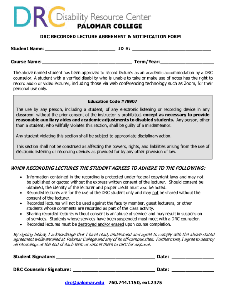 Fillable Online drc recorded lecture agreement & notification form Fax Email Print - pdfFiller