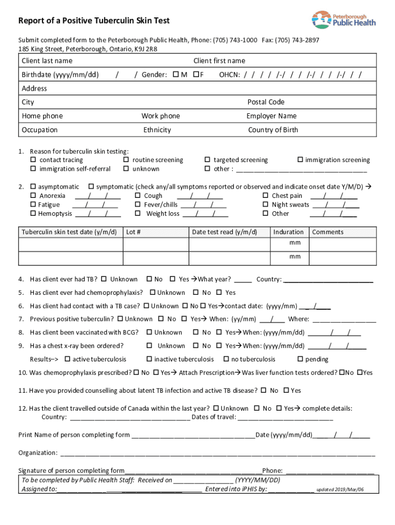 Fillable Online Report of a Positive Tuberculin Skin TestPeterborough ...