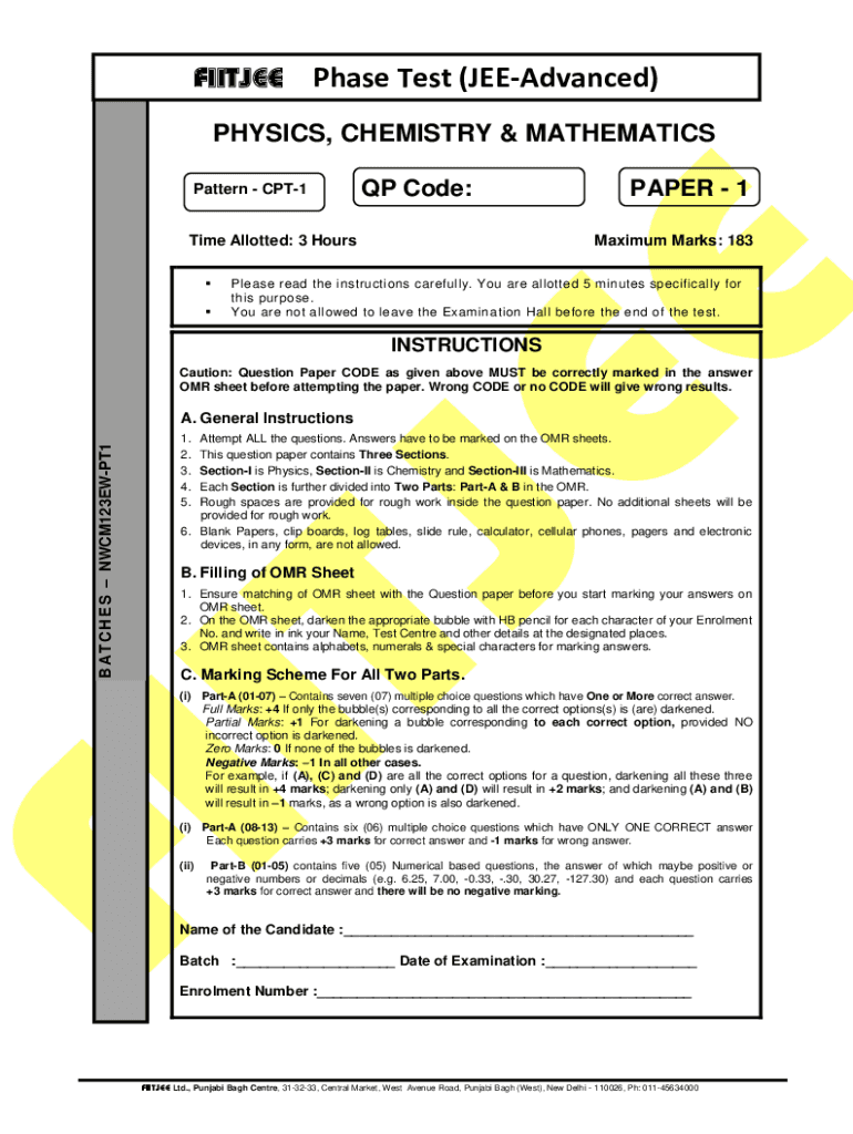 Fillable Online FIITJEE PHASE TEST JEE ADVANCED PAPER 1 PDF and ... Fax ...