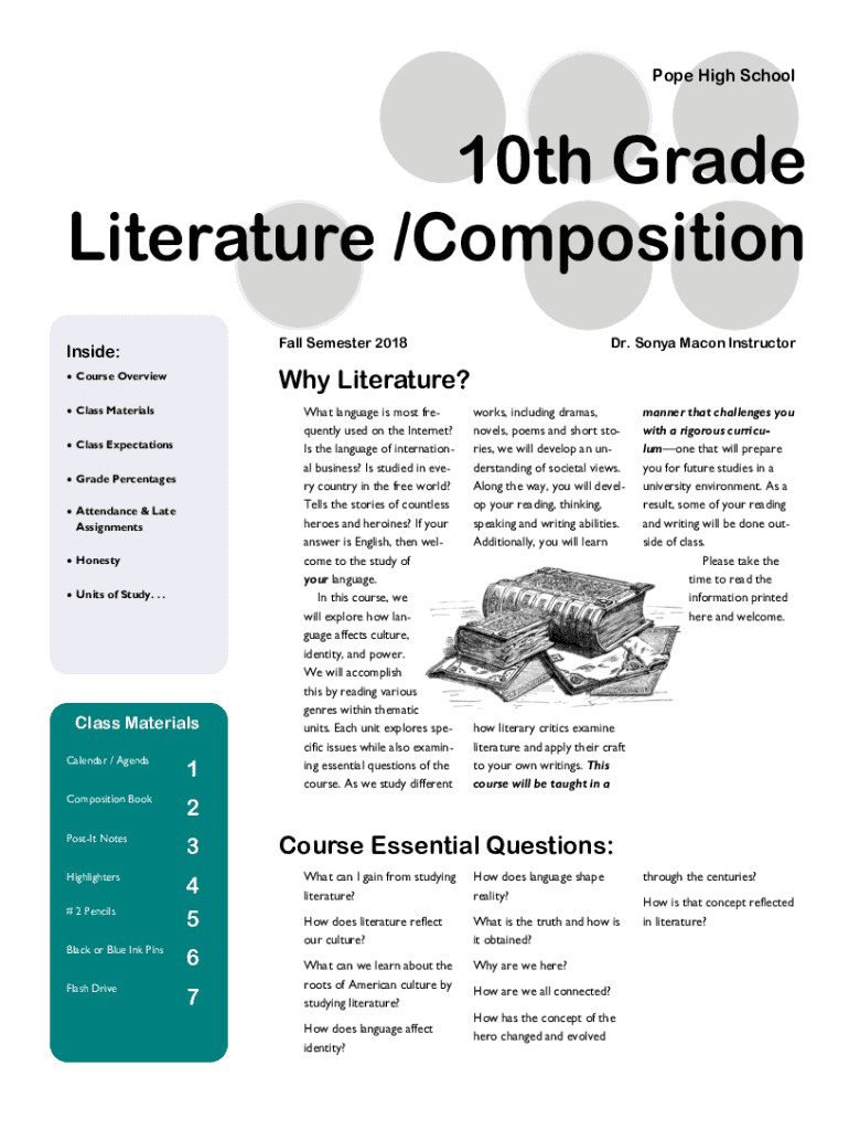 Fillable Online 10th Literature/Composition POPE HIGH SCHOOL COURSE ...