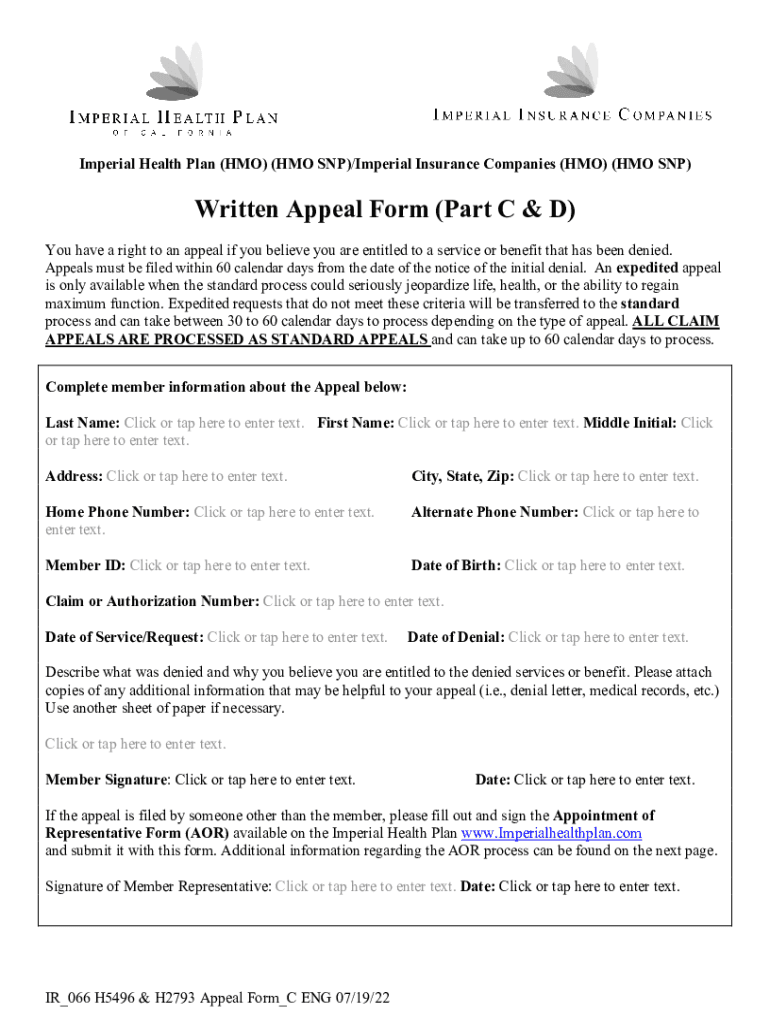 Fillable Online Written Appeal Form (Part C & D) - Imperial Health Plan ...