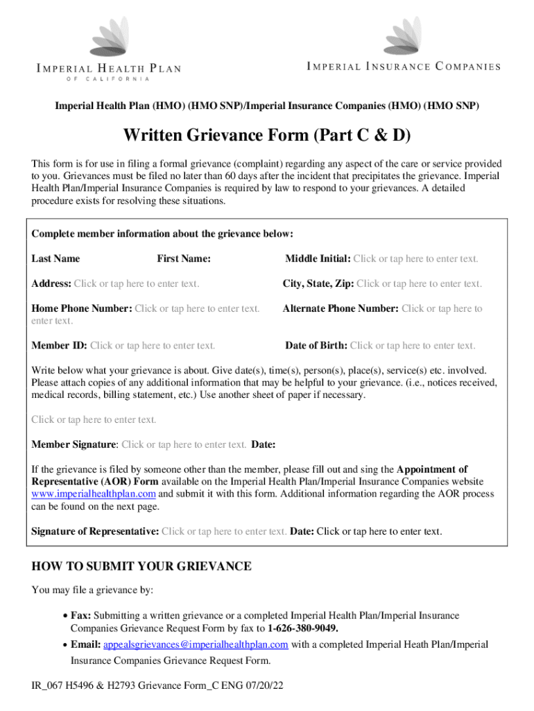 Fillable Online Written Grievance Form (Part C & D) - Imperial Health Plan Fax Email Print ...