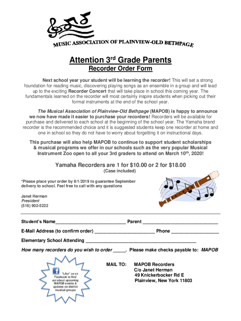 Fillable Online 3rd Grade Recorder Class - Bowdoin Central School Fax ...