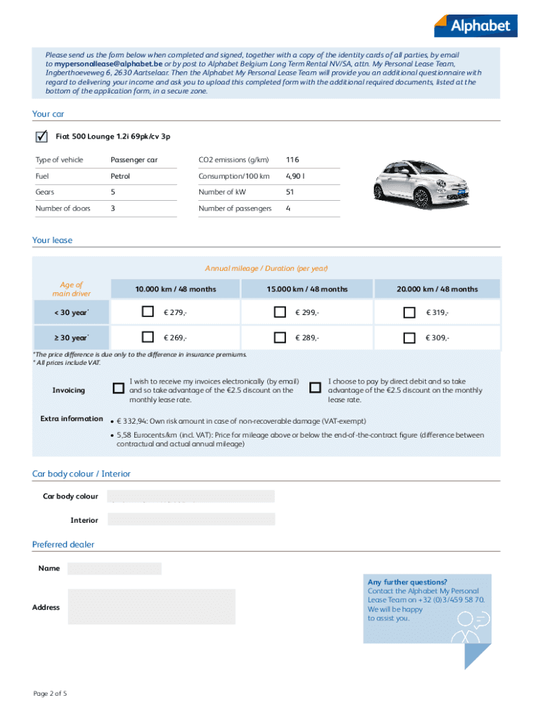 Fillable Online Application form Fiat 500 Lounge 1.2i 69pk/cv 3p ...