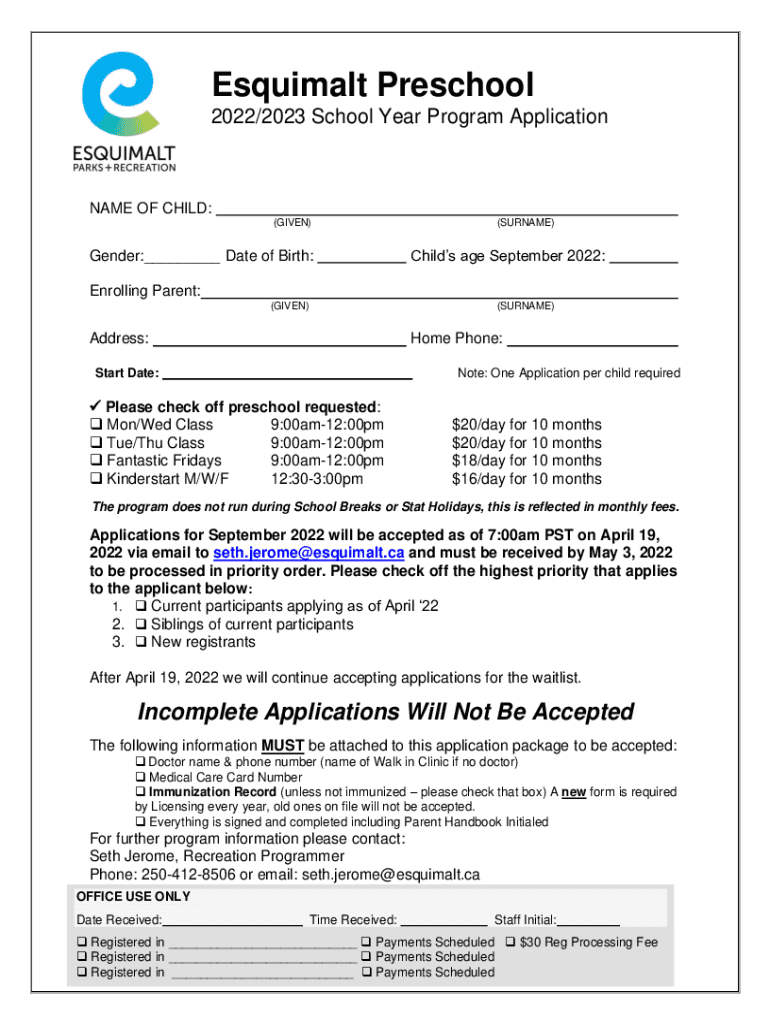 Fillable Online 2022/2023 School Year Program Application Fax Email ...