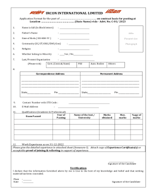 Fillable Online VACANCY - CONTRACT EMPLOYMENT - ircon.org Fax Email ...