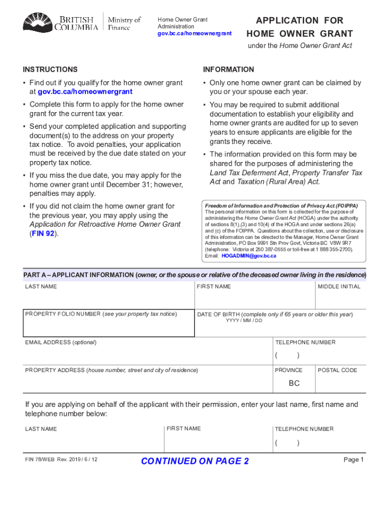 Fillable Online FIN 78, Application for Home Owner Grant. Complete this ...