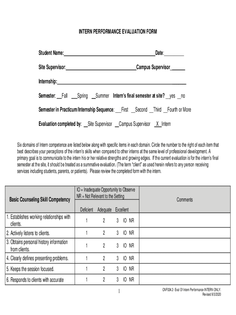 Fillable Online INTERN PERFORMANCE EVALUATION FORM Fax Email Print - pdfFiller
