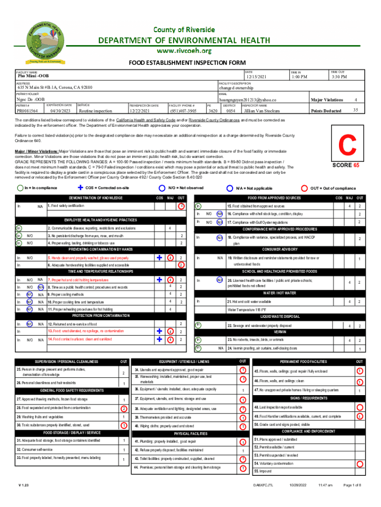 Fillable Online FOOD ESTABLISHMENT INSPECTION FORM Fax Email Print ...