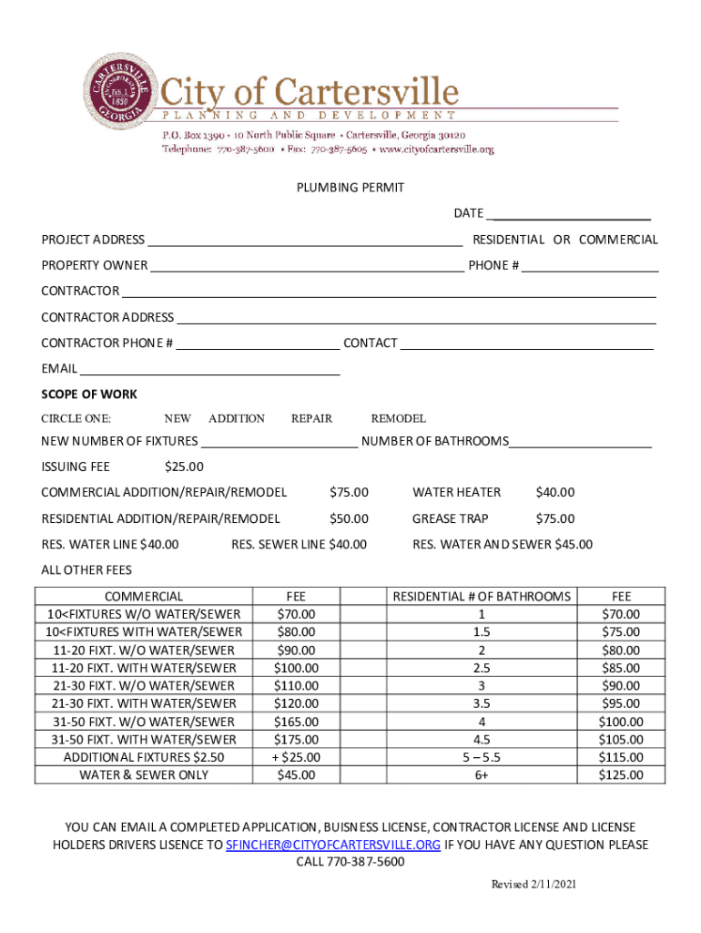 Fillable Online City of Cartersville Building Plumbing Permit ...