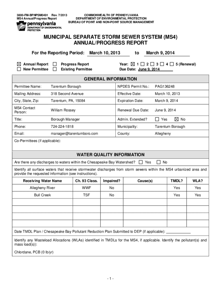 Fillable Online MS4 COMPLIANCE INSPECTION REPORT - Pennsylvania DEP Fax ...