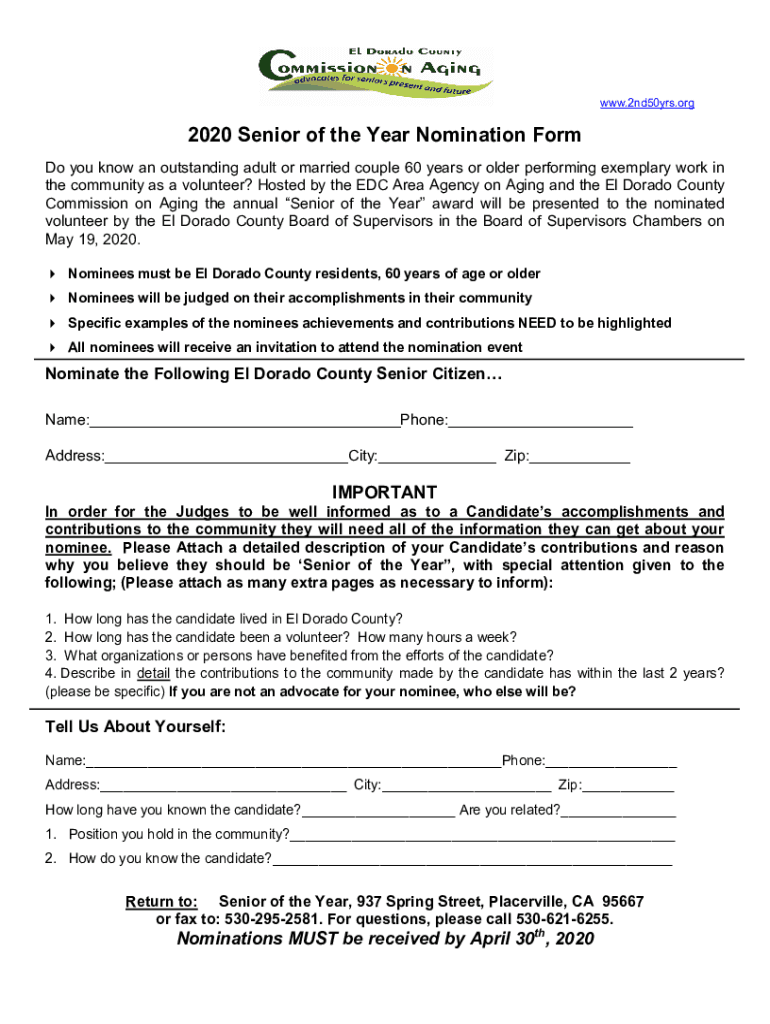 Fillable Online 2020 Senior of the Year Nomination Form - El Dorado County Fax Email Print ...