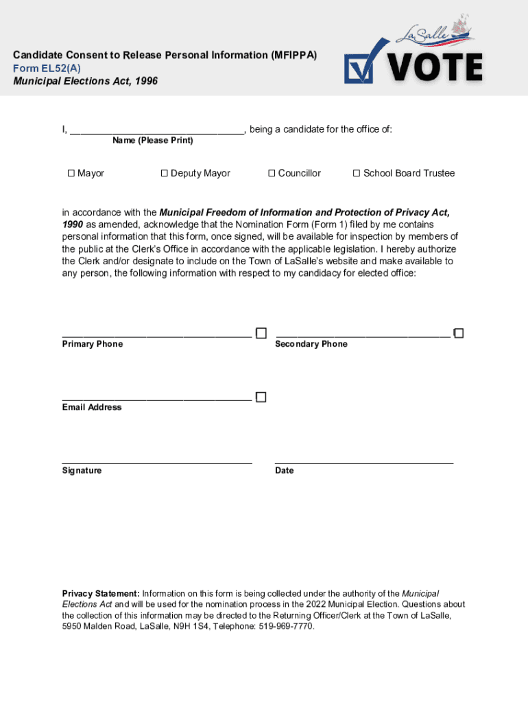 Fillable Online EL52A Candidate Consent to Release Personal Information Fax Email Print - pdfFiller