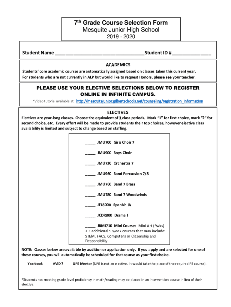 Fillable Online 7th Grade Course Selection Form Mesquite Junior High ...