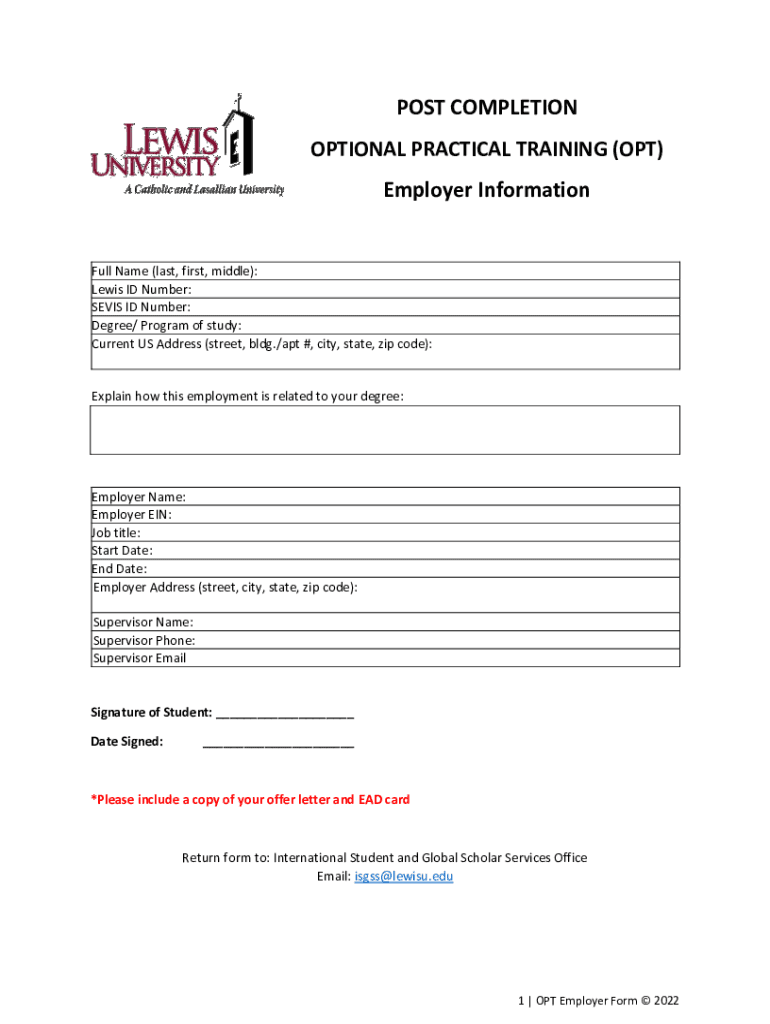 Fillable Online Post-Completion Optional Practical Training - Lewis ...