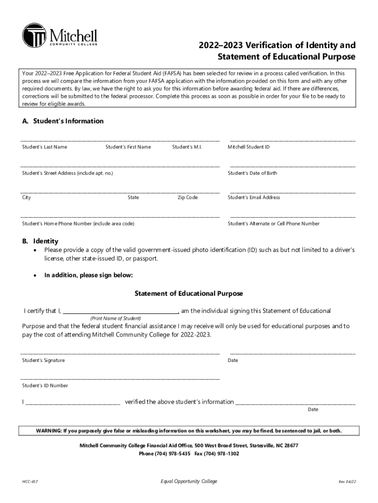 Fillable Online 2022-2023 Verification of Identity and Statement of Educational Purpose Fax ...