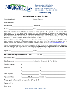 Fillable Online Water Service Application - Town of Niagara-on-the-Lake ...
