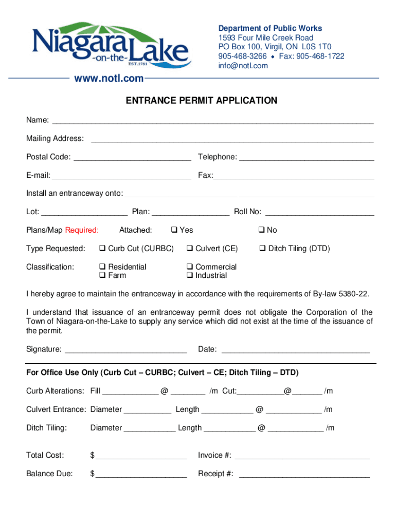 Fillable Online Entrance Permit Application - Town of Niagara-on-the ...