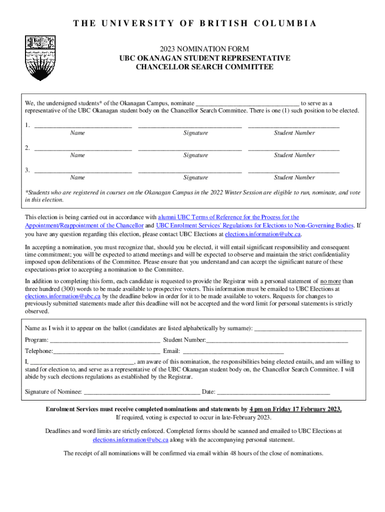 Fillable Online facultystaff students ubc 2023 nomination form ubc okanagan student ...