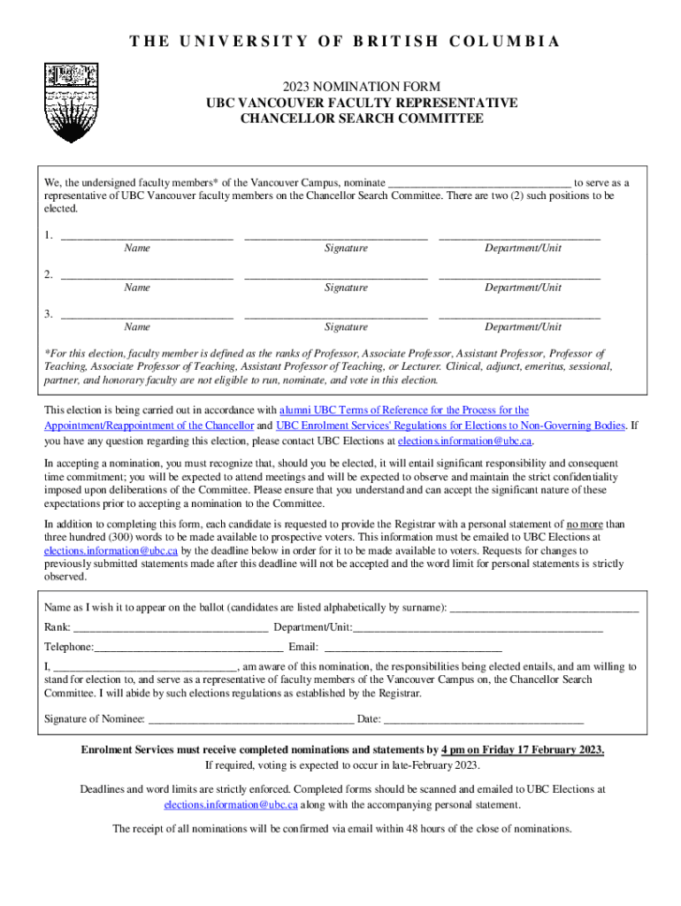 Fillable Online facultystaff students ubc 2023 nomination form ubc vancouver undergraduate ...