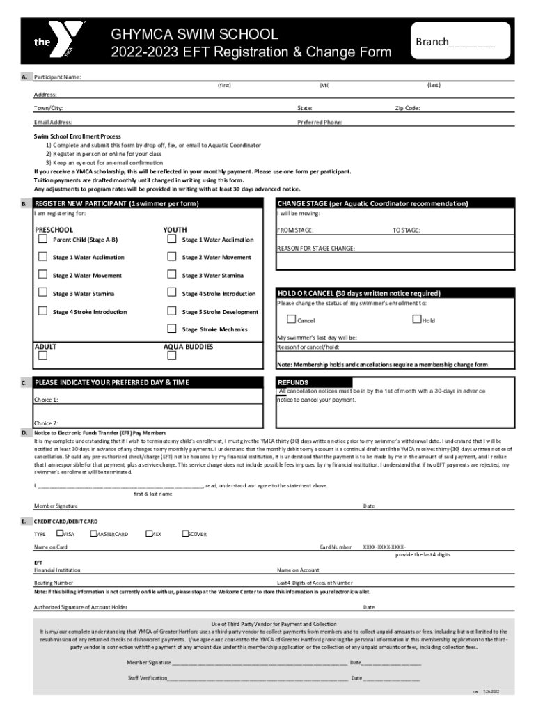 Fillable Online Swim School Payment Form - YMCA of Greater Hartford Fax ...